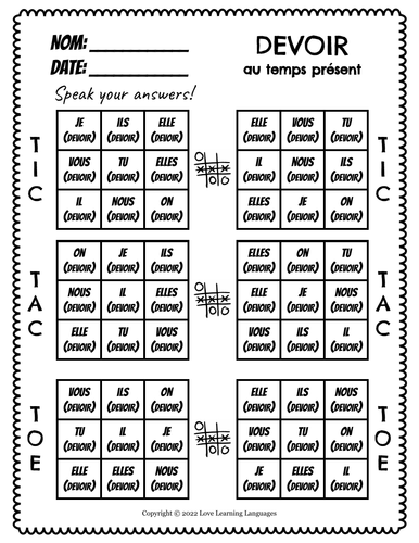Devoir - Present Tense French Tic Tac Toe Games - No Prep Printable ...