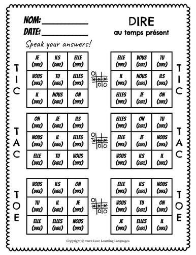 Dire - Present Tense French Tic Tac Toe Games - No Prep Printable ...