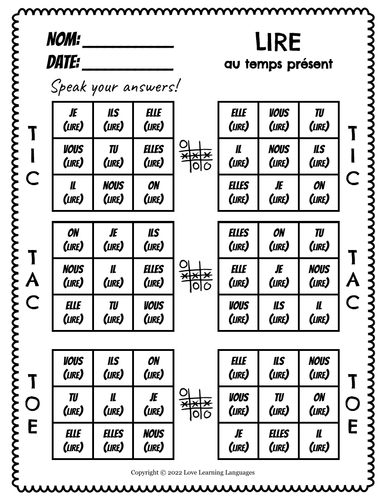 Lire - Present Tense French Tic Tac Toe Games - No Prep Printable ...