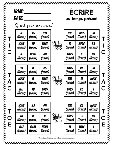 Écrire - Present Tense French Tic Tac Toe Games - No Prep Printable ...