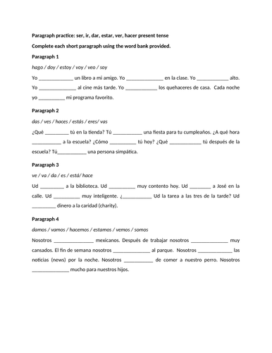 Dar ir ser estar ver hacer paragraphs practice | Teaching Resources