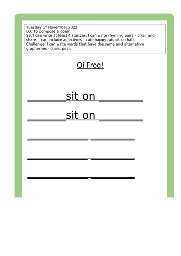 Oi Frog Year 1 Literacy Plan 8 day - Rhyming words, Plan a Poem ...