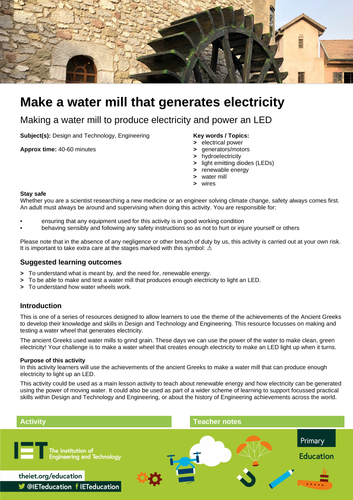 Make a water mill that generates electricity | Teaching Resources
