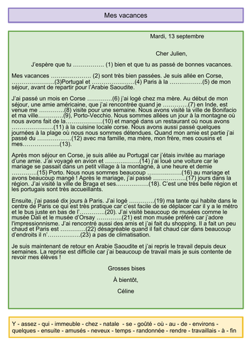 Mes vacances - Textes à trous | Teaching Resources
