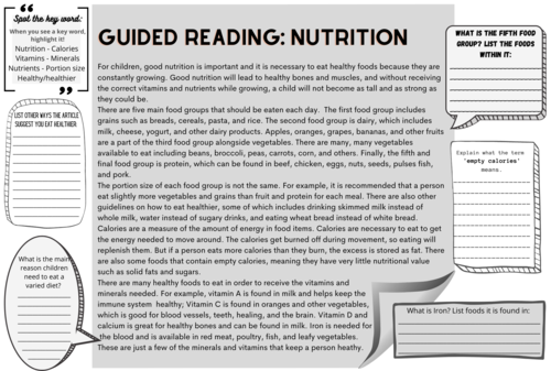 Guided Reading: Nutrition work sheet | Teaching Resources