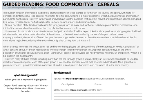 Guided Reading: Food Commodities Cereals | Teaching Resources