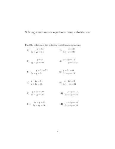 Solving simultaneous equations using substitution worksheet (with ... Solving simultaneous equations using substitution worksheet (with ...
