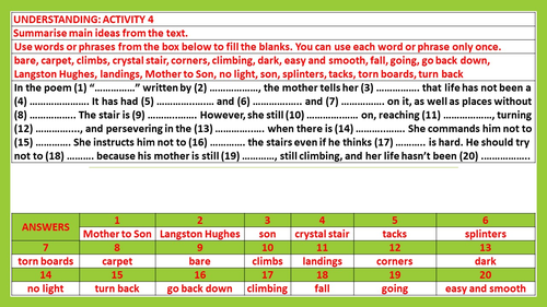 READING A FREE-VERSE POETRY - MOTHER TO SON - WORKSHEETS | Teaching ...