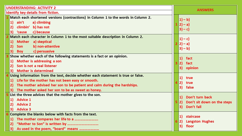 READING A FREE-VERSE POETRY - MOTHER TO SON - WORKSHEETS | Teaching ...