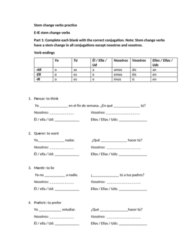 E-IE stem change verbs practice | Teaching Resources