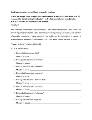 Reading conversation la mochila con materiales escolares | Teaching ...