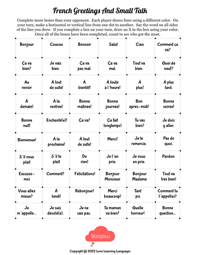 French Greetings and Small Talk - No Prep Dots and Boxes Activity ...