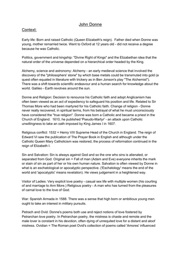 John Donne Poetry - A Level English Literature and Language (AQA ...