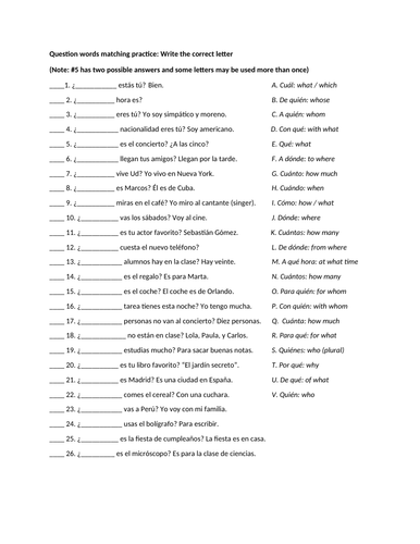 Question words matching practice (Spanish) | Teaching Resources