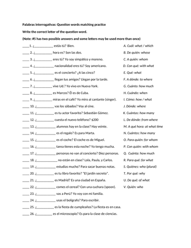 Question words matching practice (Spanish) | Teaching Resources