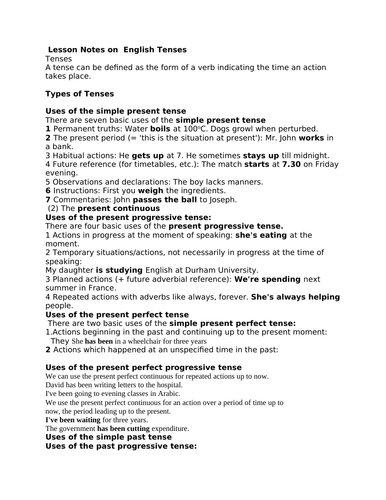 Lesson notes on basic tenses in English | Teaching Resources