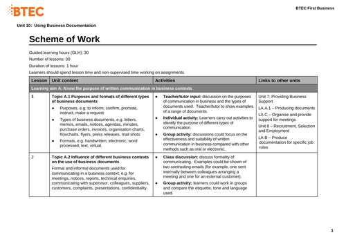 BTEC Level 1/Level 2 Business Unit 10: Using Business Documentation ...