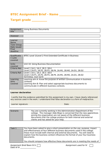 BTEC Level 1/Level 2 Business Unit 10: Using Business Documentation ...