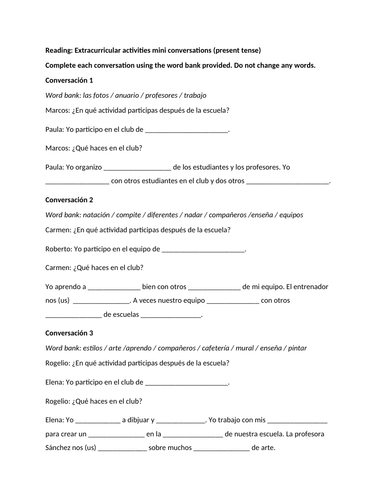 Reading las actividades extracurriculares (extracurricular activities ...