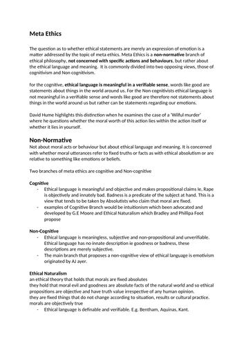 Meta Ethics Essay plans/notes OCR A Level | Teaching Resources