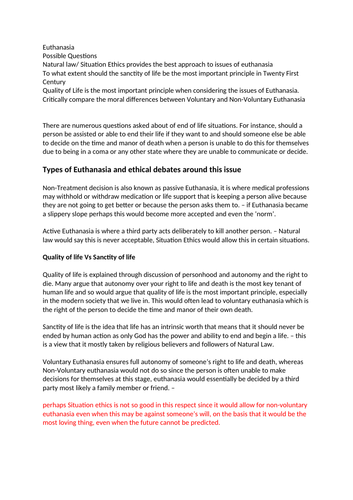 Euthanasia OCR RS A level essays and notes | Teaching Resources