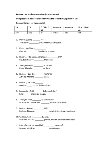 Ser mini conversations worksheet | Teaching Resources