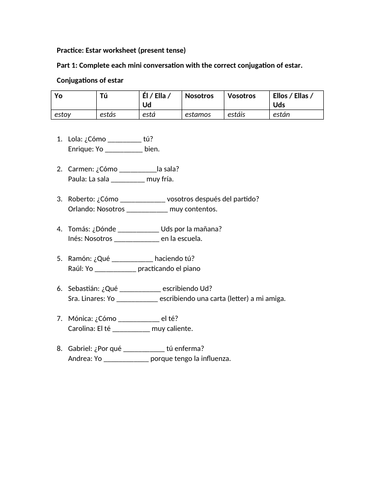 Estar practice worksheet (present tense) | Teaching Resources