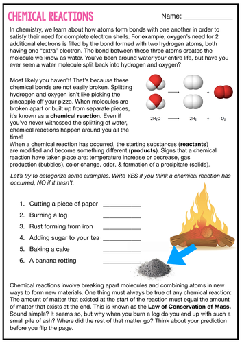 Chemical Reaction Comprehension Reading activity | Teaching Resources