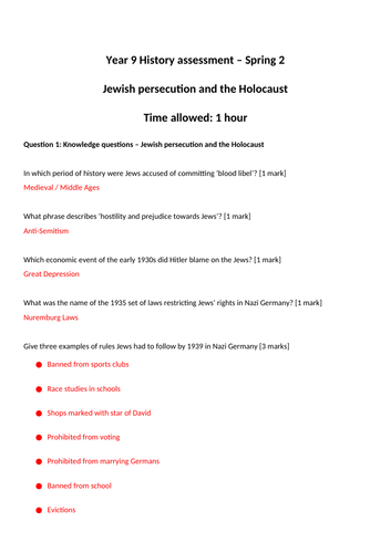 Jewish Persecution Holocaust Assessment | Teaching Resources