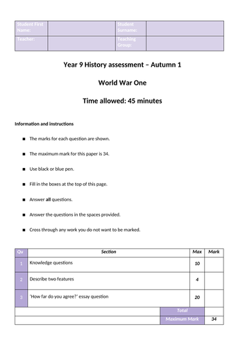 WW1 Assessment | Teaching Resources