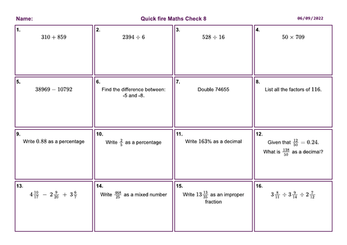 Y11 Quick fire Maths Skills Check | Teaching Resources