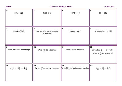 Y11 Quick fire Maths Skills Check | Teaching Resources