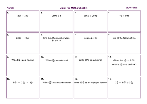Y11 Quick fire Maths Skills Check | Teaching Resources