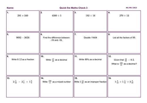 Y11 Quick fire Maths Skills Check | Teaching Resources