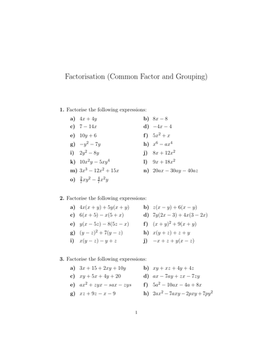 Factorisation (Common Factor and Grouping) worksheet no 2 (with ...