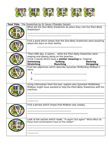 The Sneetches VIPERS Reading Comprehension With Answers | Teaching ...