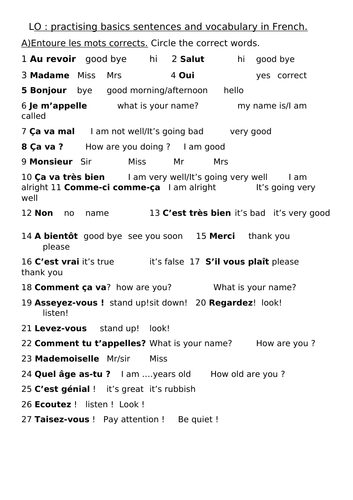 Basic French sentences to practise as a recap or introduction for total ...