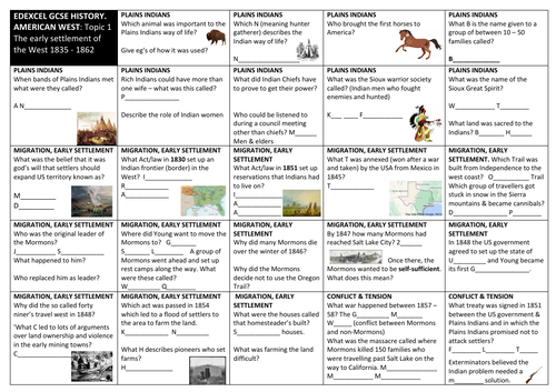 EDEXCEL 9-1 GCSE HISTORY. American West -Topic on a Page - TOPIC 1: EARLY SETTLEMENT , C1835 ...