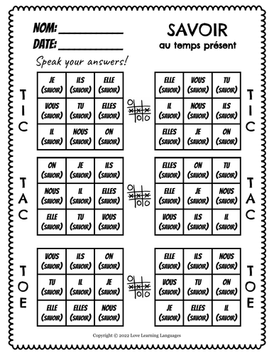 Savoir - Present Tense French Tic Tac Toe Games - No Prep Printable ...