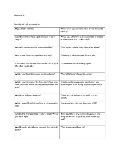 Ice breaker Qs | Teaching Resources