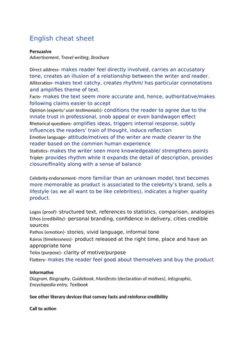 English literary devices cheat-sheet | Teaching Resources English literary devices cheat-sheet | Teaching Resources