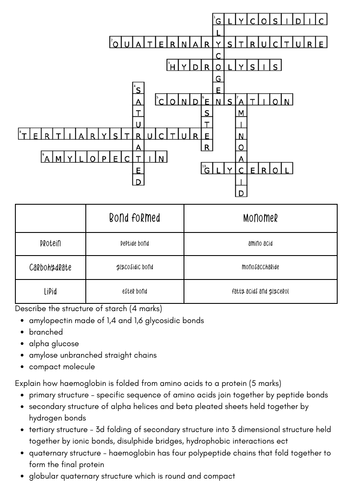 A-Level Biology Biological Molecules Activity Pack WITH ANSWERS ...