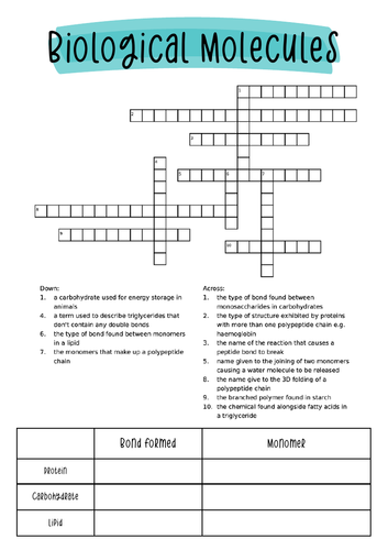 A-Level Biology Biological Molecules Activity Pack WITH ANSWERS ...