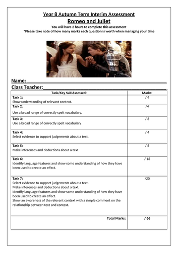 Romeo and Juliet Interim Assessment Booklet | Teaching Resources
