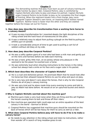 War Horse by Michael Murpurgo. Multiple Choice Questions | Teaching ...
