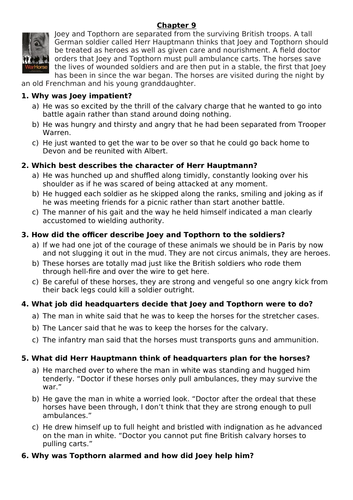 War Horse by Michael Murpurgo. Multiple Choice Questions | Teaching ...