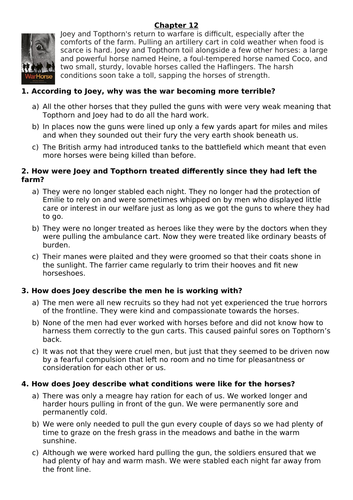 War Horse by Michael Murpurgo. Multiple Choice Questions | Teaching ...