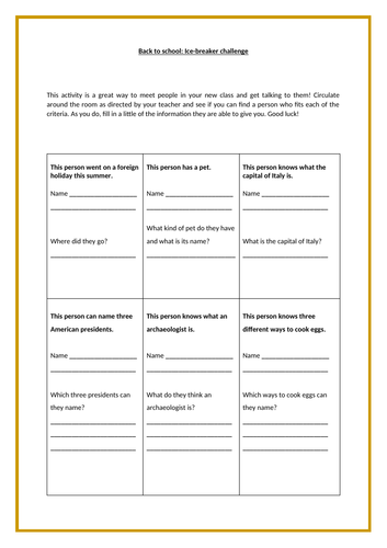 Back to school icebreaker challenge | Teaching Resources