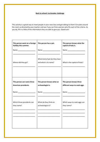 Back to school icebreaker challenge | Teaching Resources