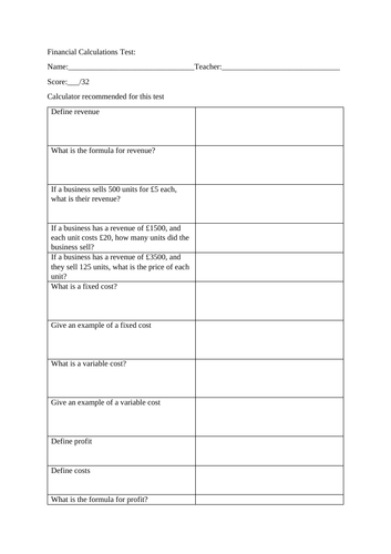 GCSE Business - Financial Calculations Test | Teaching Resources GCSE Business - Financial Calculations Test | Teaching Resources